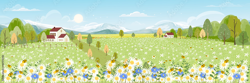 Spring field with fluffy cloud on blue sky,Cute cartoon panorama rural ...