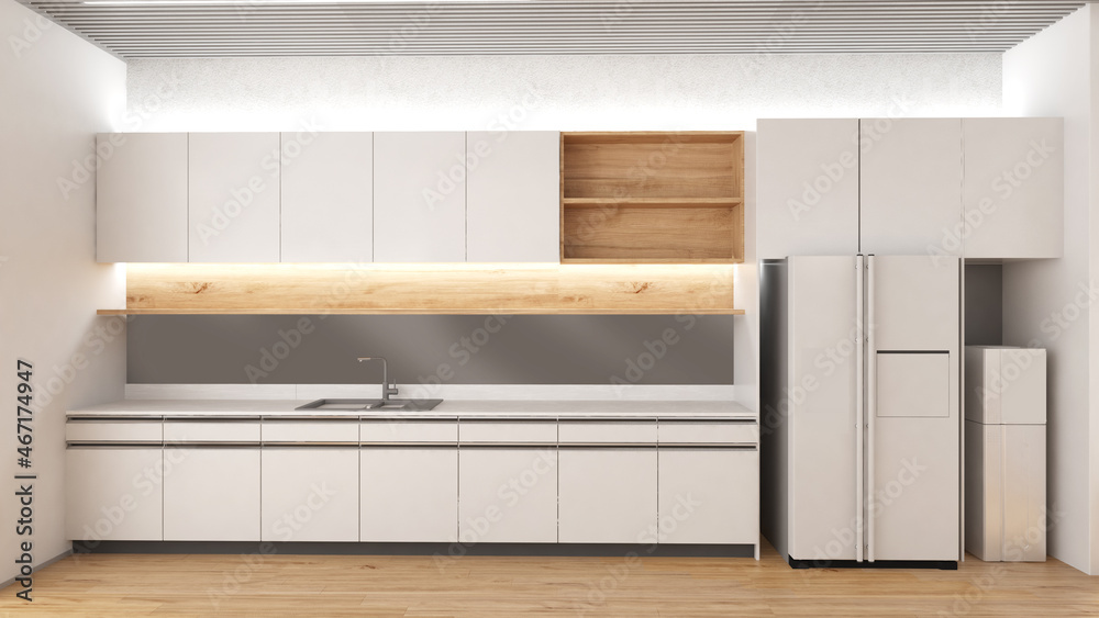 White kitchen cabinets with sink and refrigerator,side view kitchen,3d ...