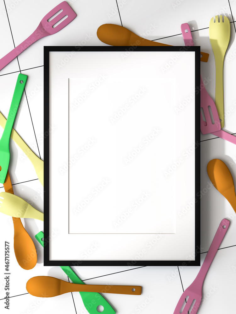 3D mockup photo frame with ladle and spatularendering Stock ...