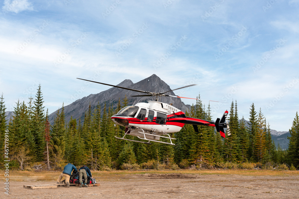 Alpine helicopter flying and landing to the ground and staff in Banff ...