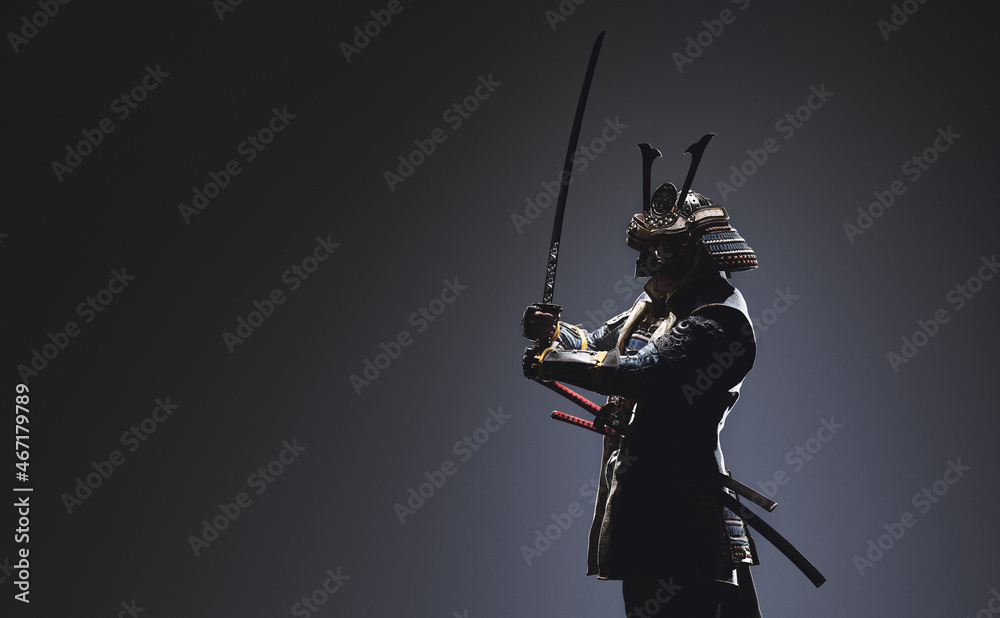 3D illustration of a silhouette of a samurai's upper body wearing ...