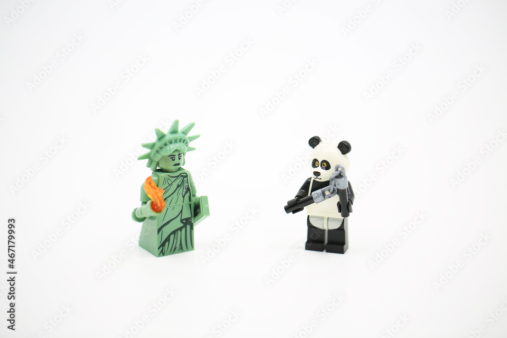 Hong Kong -October 2 2021 . status of liberty and panda dressing man ...