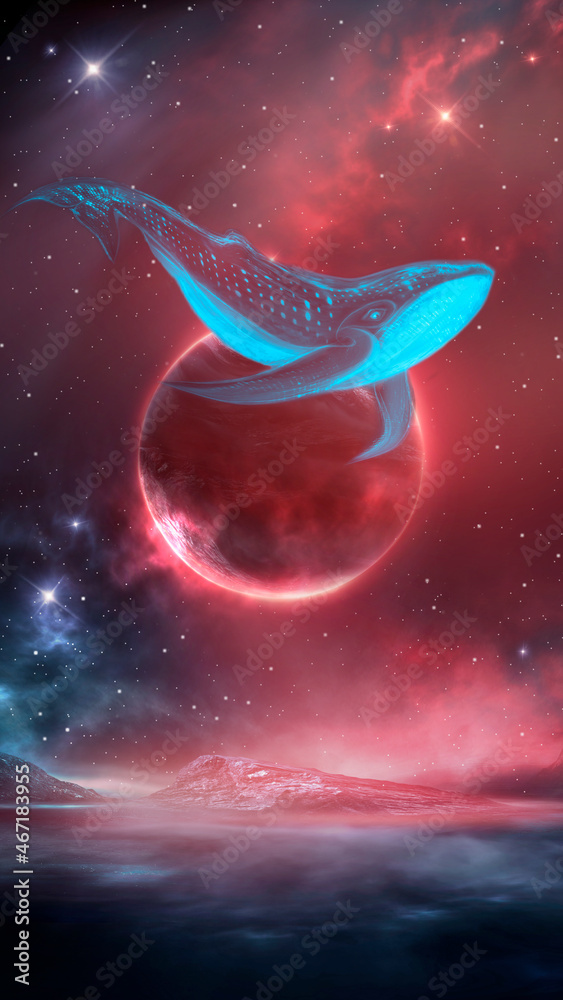 Abstract night fantasy space landscape, whale in space, dark fantasy ...