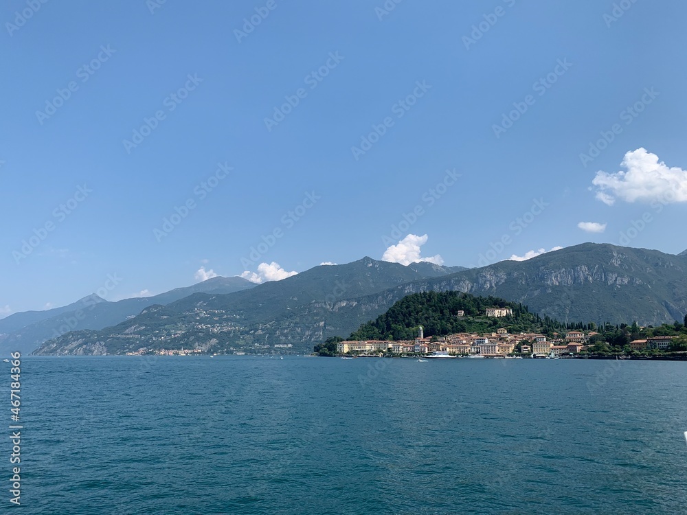 View of Bellagio city skyline from arriving boat. Varenna town and ...