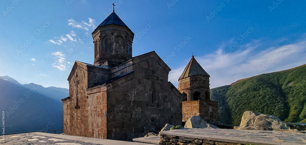 Close up view on Gergeti Trinity Church in Stepansminda, Georgia. The ...