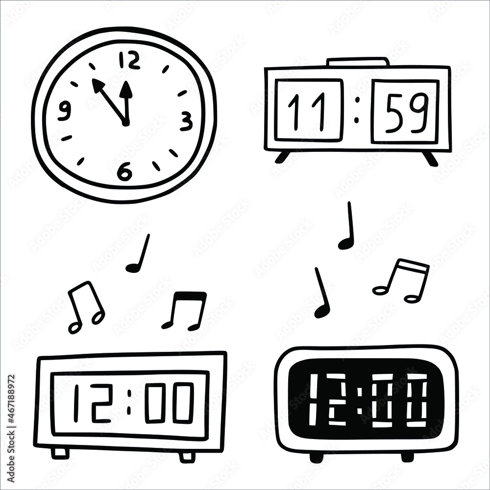 Clock and alarm clocks doodle. Drawings in the style of naive sketches ...
