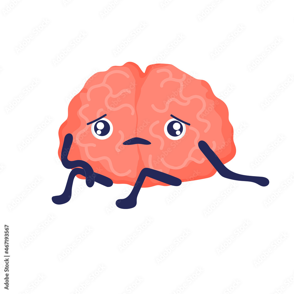 Brain Tired. Depressive cartoon sad brain. Apathy and fatigue, burnout ...