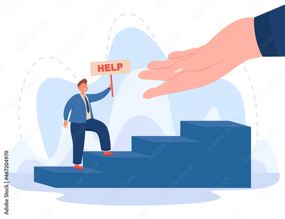 Hand of help for businessman flat vector illustration. Young man ...