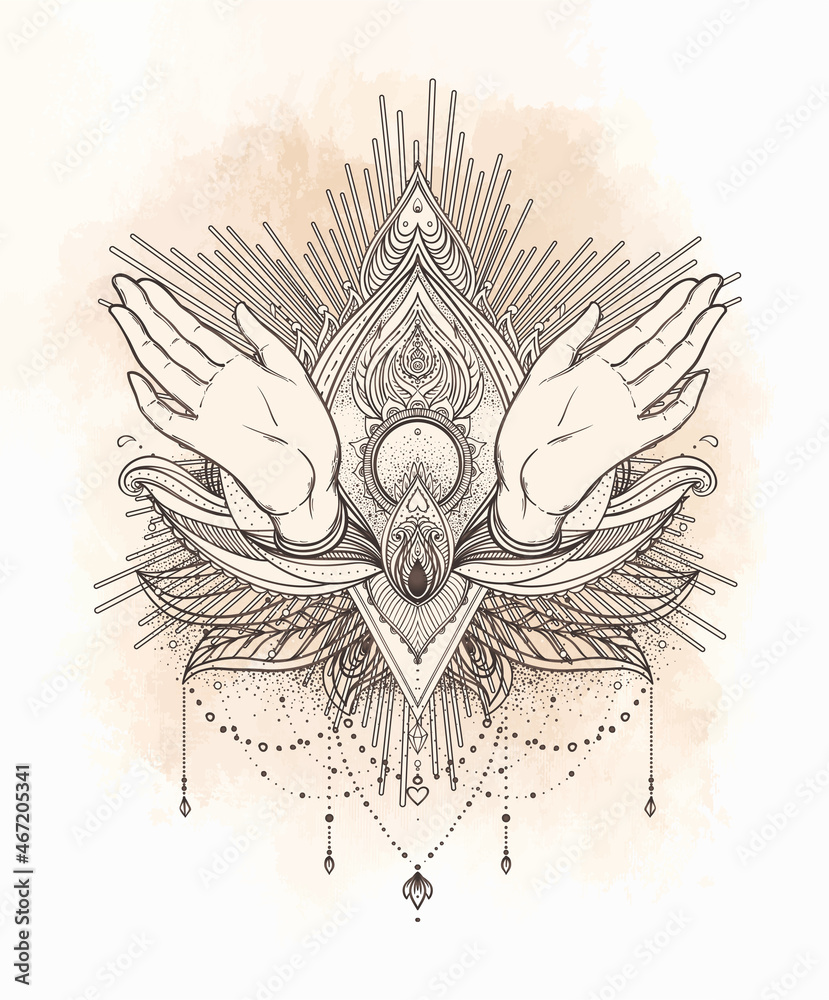 Female open hands over sacred geometry design elements. Alchemy ...
