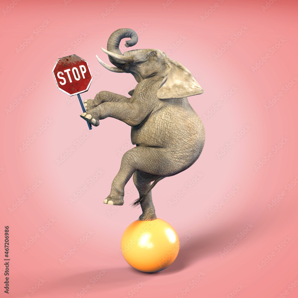 African elephant with stop sign balancing on an yellow ball. 3d ...