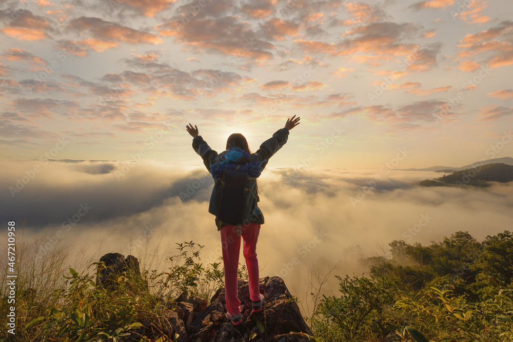 Back view of person standing on top of mountain above the cloud raising ...