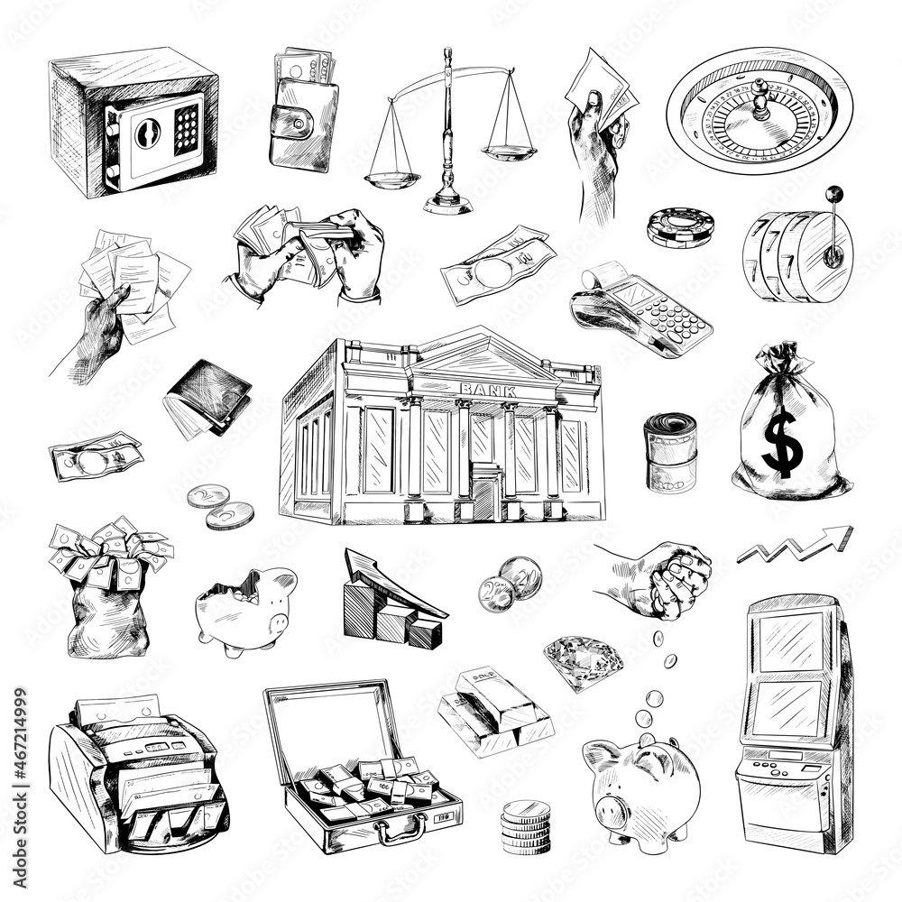 Collection of monochrome illustrations of finance in sketch style. Hand ...