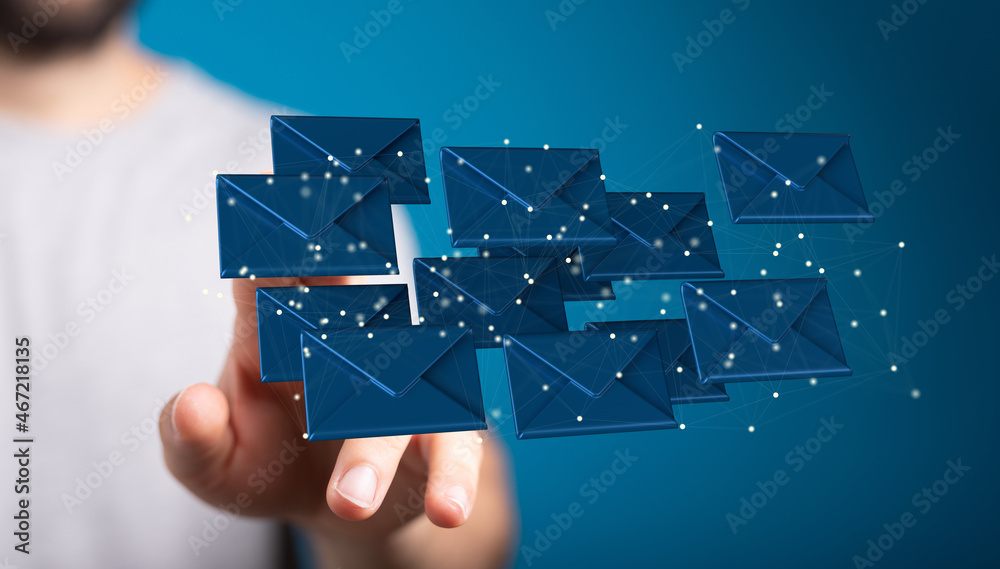 touching 3D rendering flying email icon with his fin Stock Photo ...