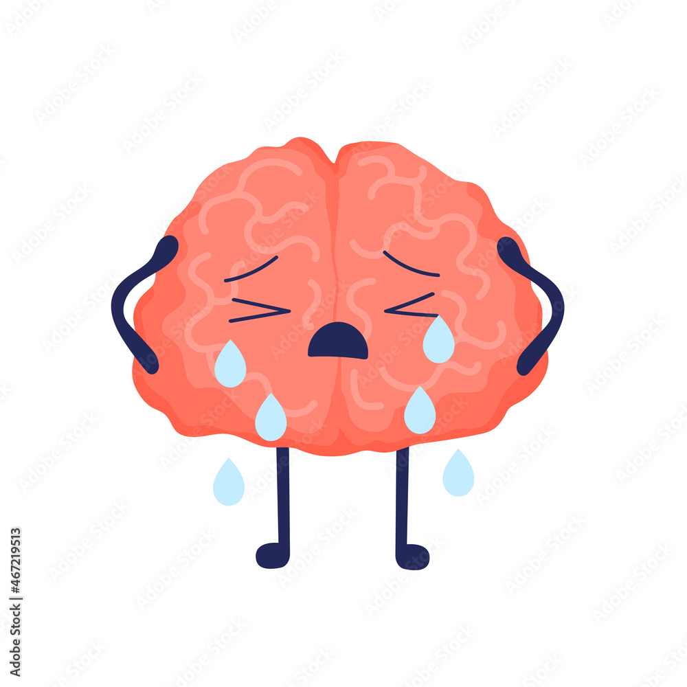 Brain is crying. Upset depressive sad cartoon brain. Mental health ...