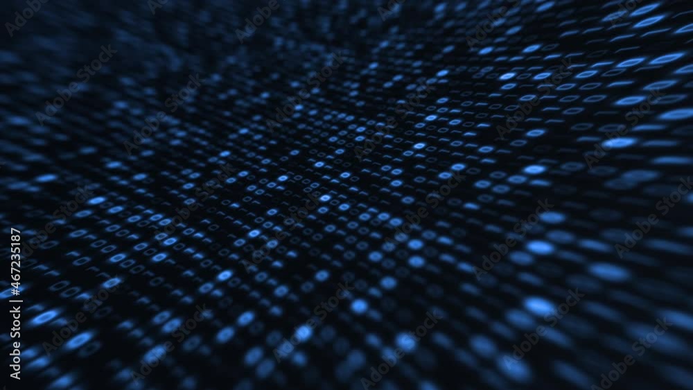 Glowing blue computer binary code ones and zeros moving towards the camera. This modern data ...