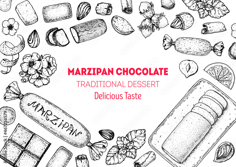 Marzipan cooking and ingredients for marzipan, sketch illustration ...