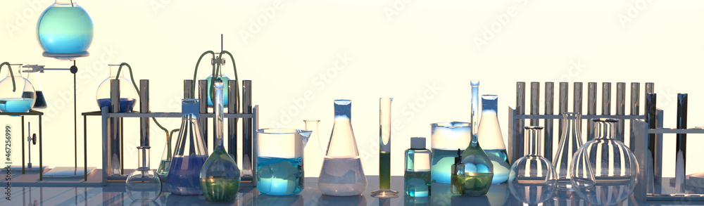 chemical science background with test tubes and flasks render 3d Stock ...