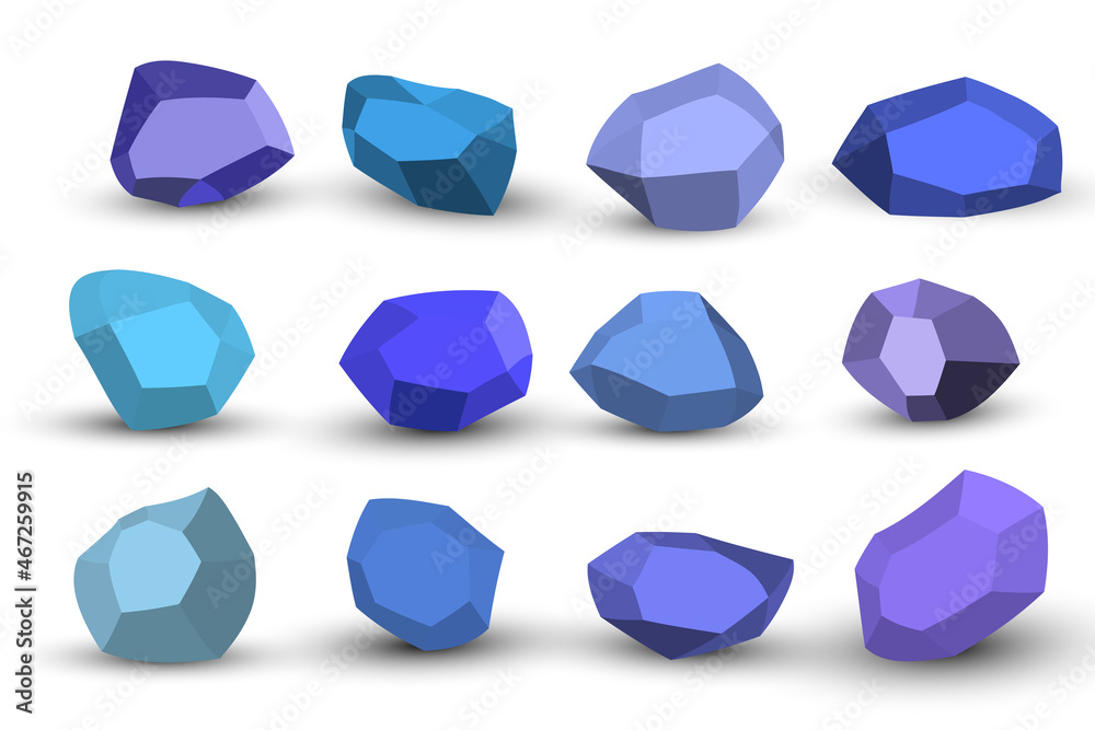 Cartoon blue stones. Rock stone isometric set. Colorful boulders ...