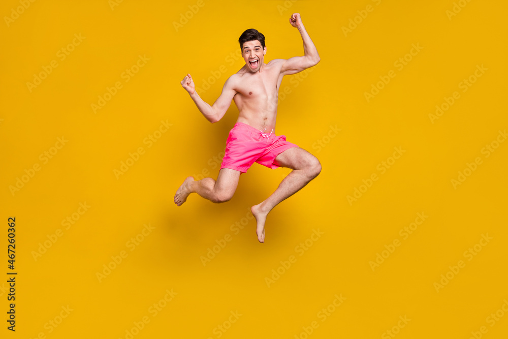 Full length body size view of attractive cheery lucky guy jumping ...