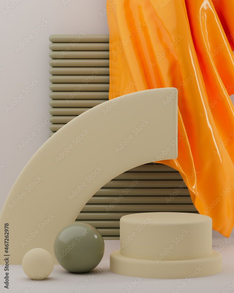3d render product presentation scene with fabric. Pastel warm earthy ...