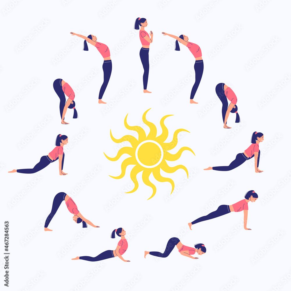 surya namaskar, greeting the sun, complex of asanas in yoga. cartoon ...