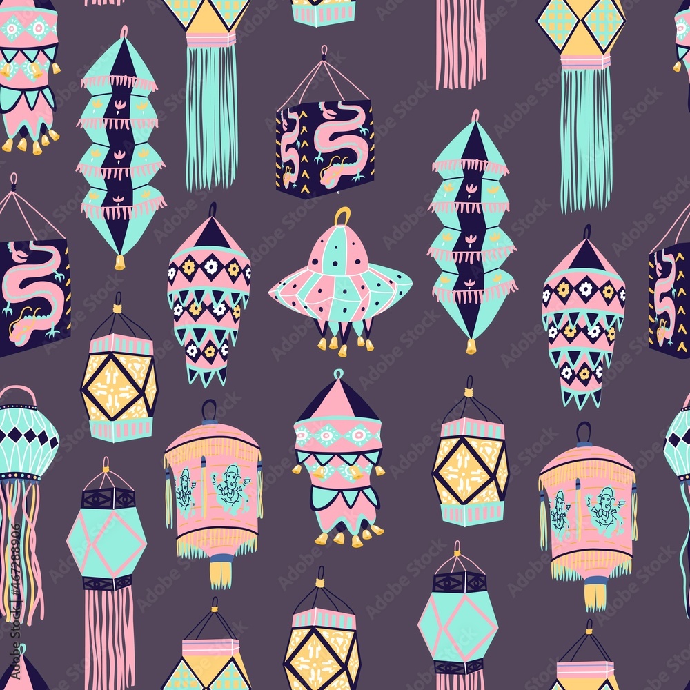 Seamless pattern with Indian Street paper lanterns. Oriental light for ...