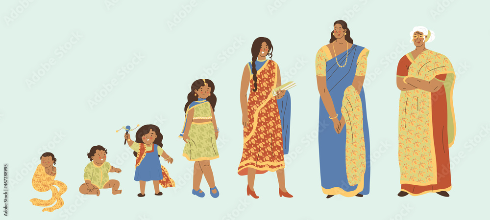 Aging process. Female from baby to old person. Teenager, adult and baby ...