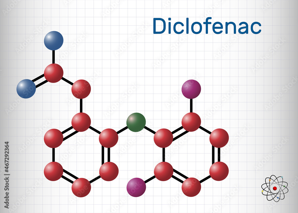 Diclofenac molecule, is a nonsteroidal anti-inflammatory drug NSAID ...