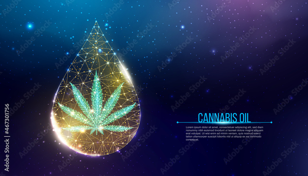 Cannabis oil concept. Low poly hemp in oil drop. Marijuana leaf ...