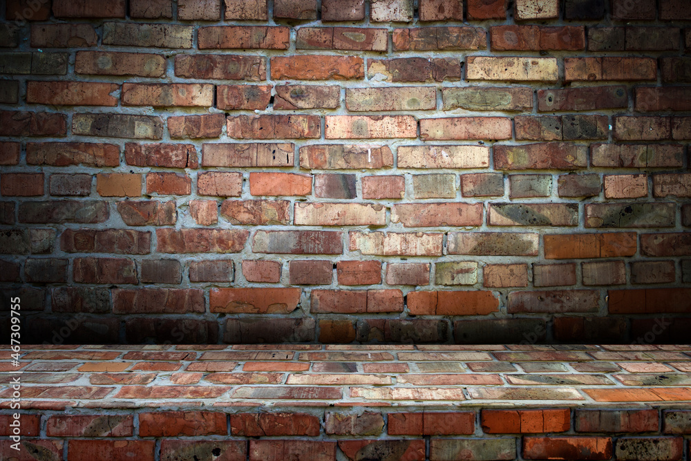 brick wall with brick floor, background for placing an object in the ...