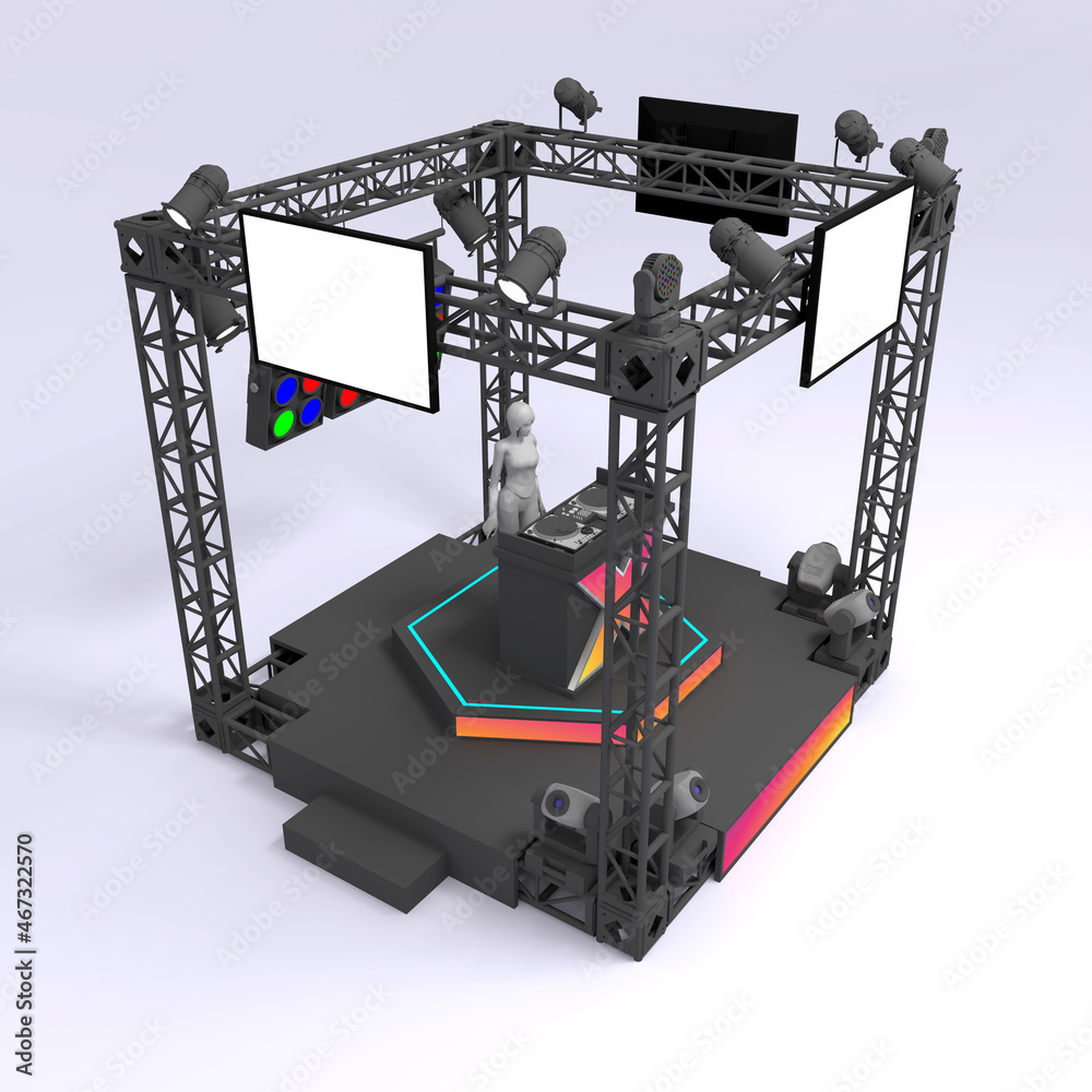 3d illustration stage DJ disk jockey with blank LED screen logo company ...