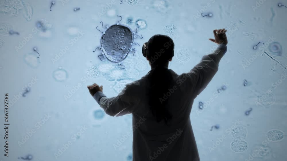 scientist biologist in vr glasses analyze sperm cells fertilizing ovum ...