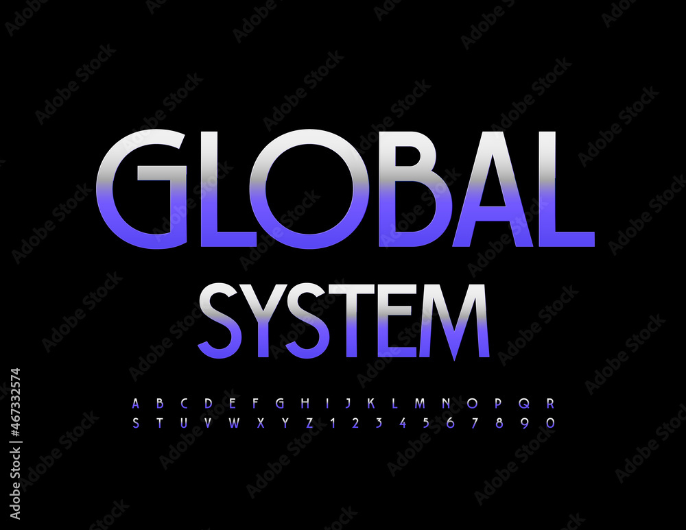 Vector techno sign Global System. Reflective Purple Font. Metallic ...