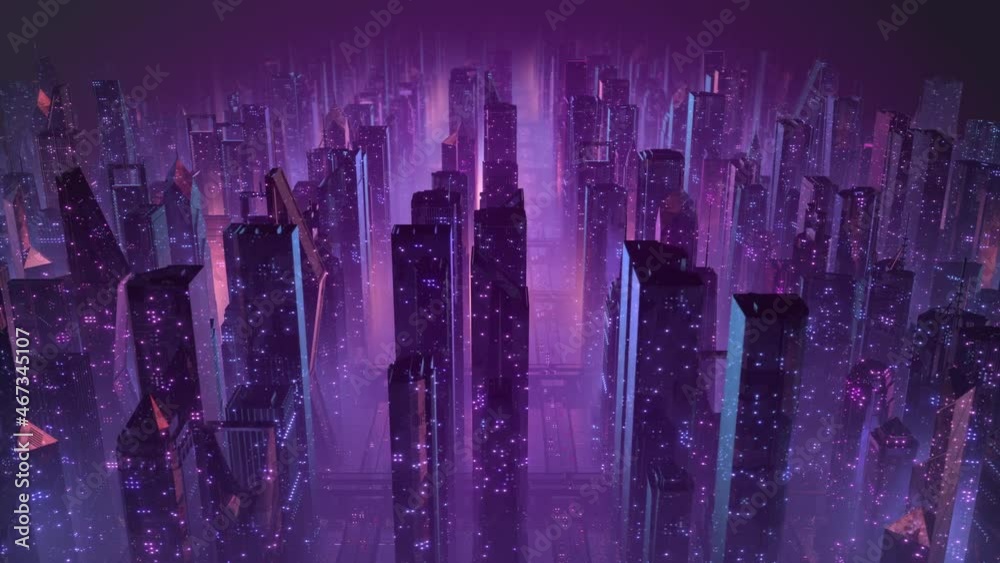 Futuristic night city flythrough seamless loop. 80s retrowave 3D ...