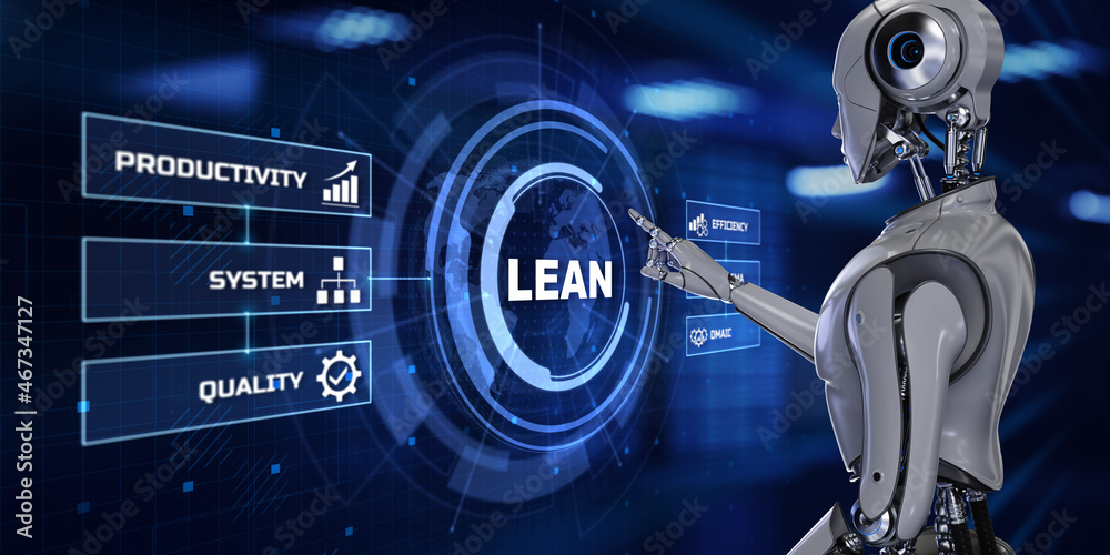 Lean manufacturing development concept. Robot pressing button on screen ...