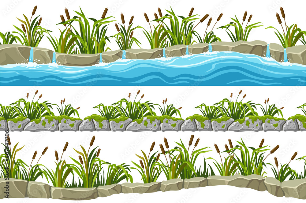Borders old grey rock, waterfall, reed, grass. Set of seamless strip ...