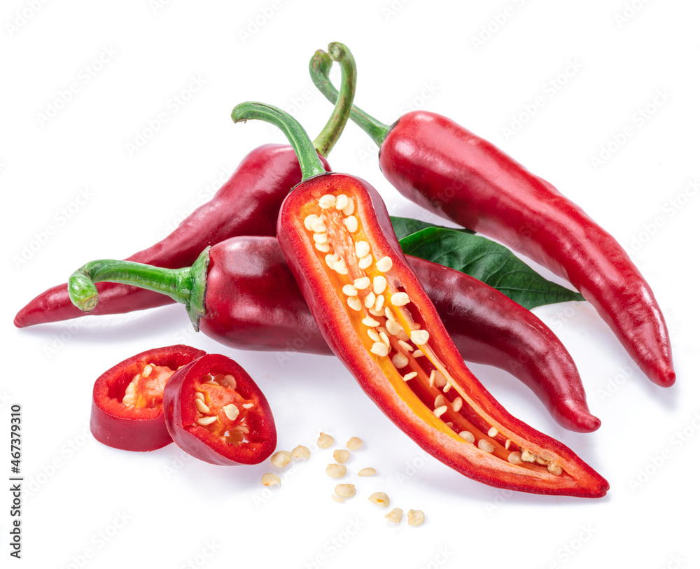 Fresh red chilli pepper and cross sections of chilli pepper with seeds ...