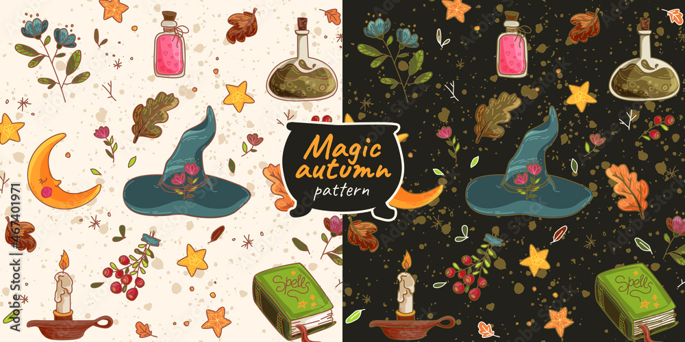 Autumn pattern, wallpaper set with the attributes of a witch. Magical ...