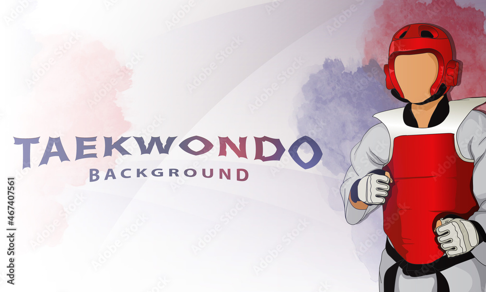 Taekwondo poster. Abstract background. A young fighter in a protective ...