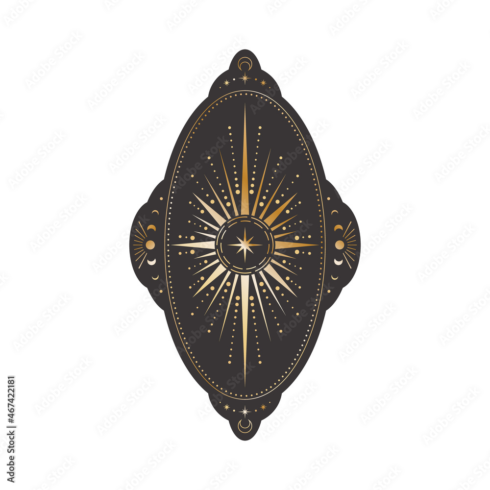 Vector oval celestial sticker with a golden shining star in frame with ...