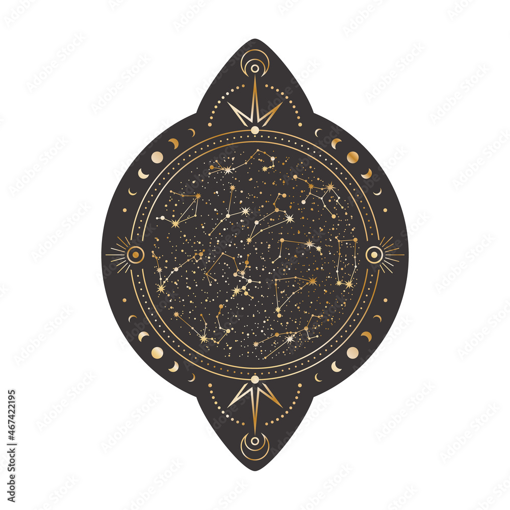 Vector round celestial sticker with a golden shining zodiac constellations and stars in frame ...