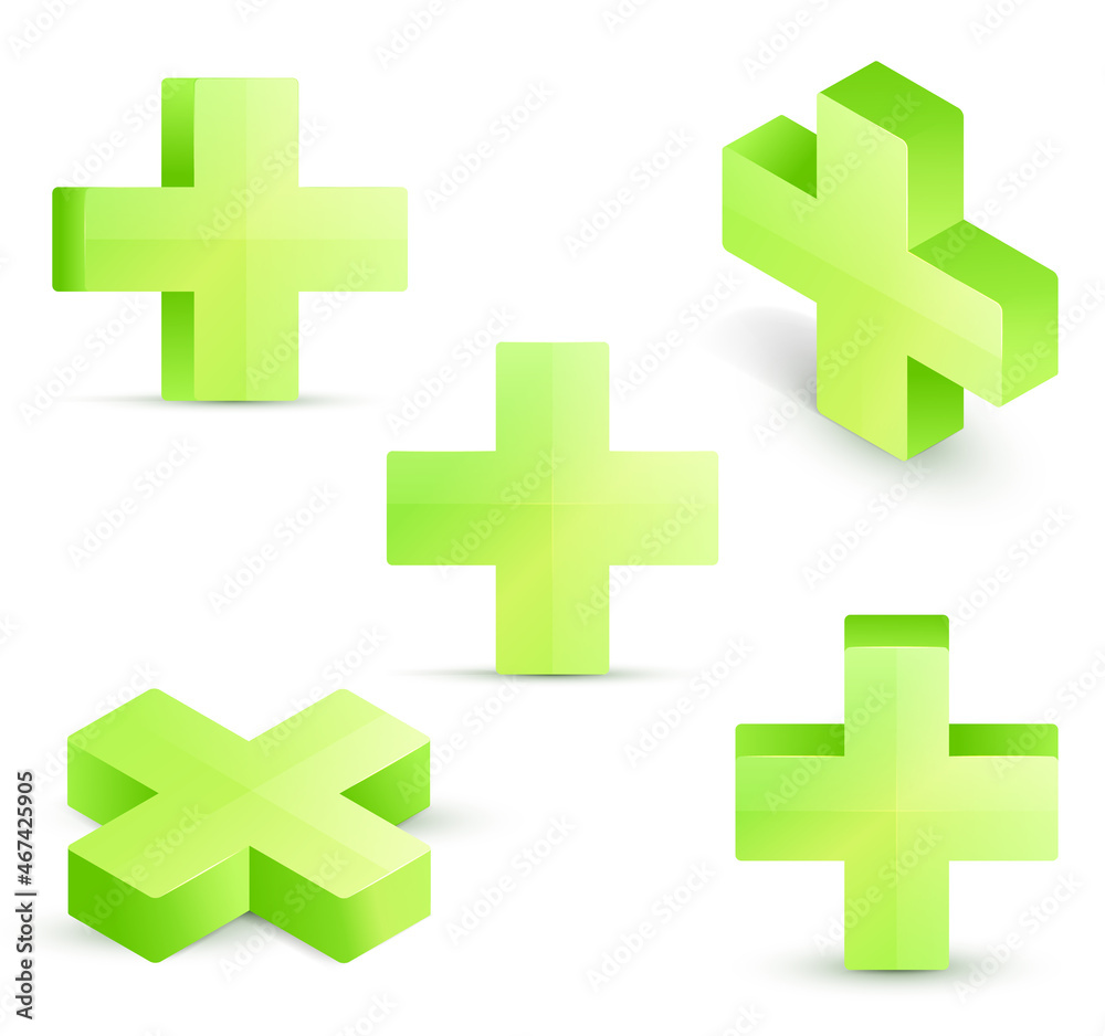 Green cross. Vector set. Cross symbol of safety guidance. Green plus ...