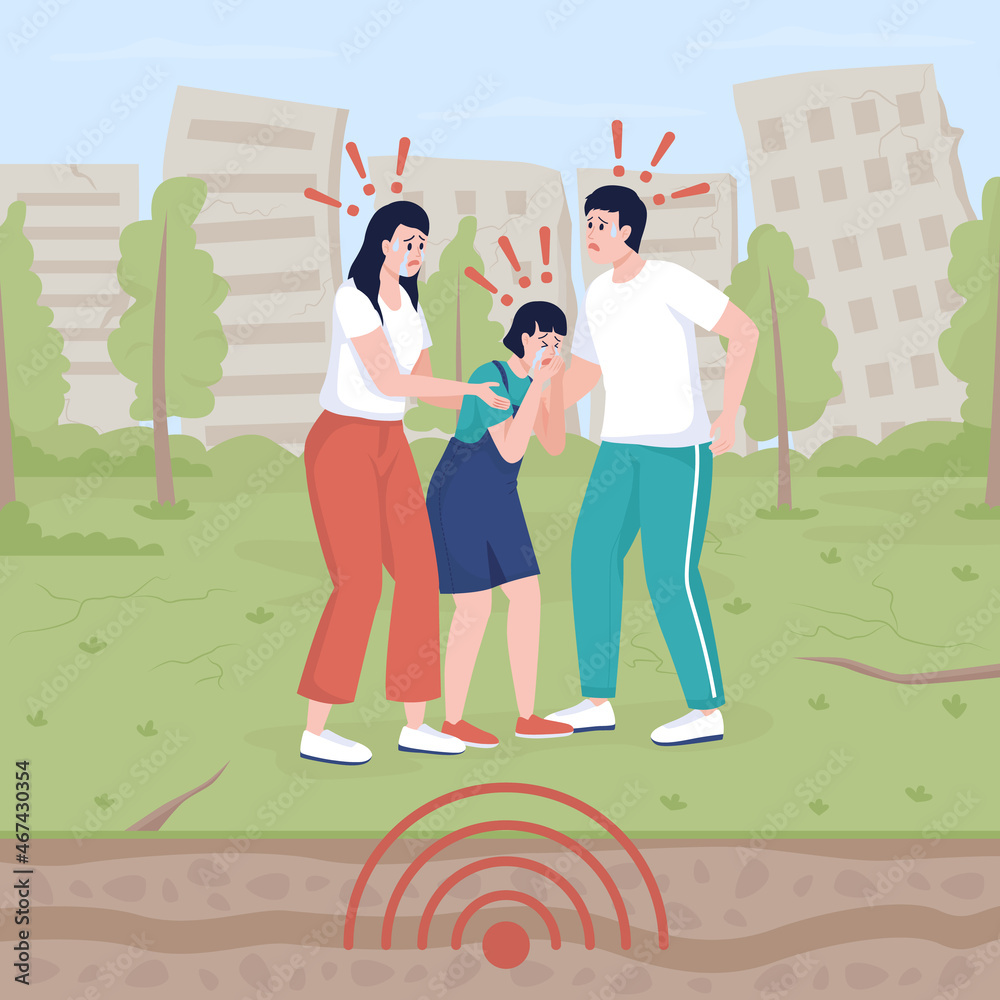 Intense ground shaking from earthquake flat color vector illustration ...