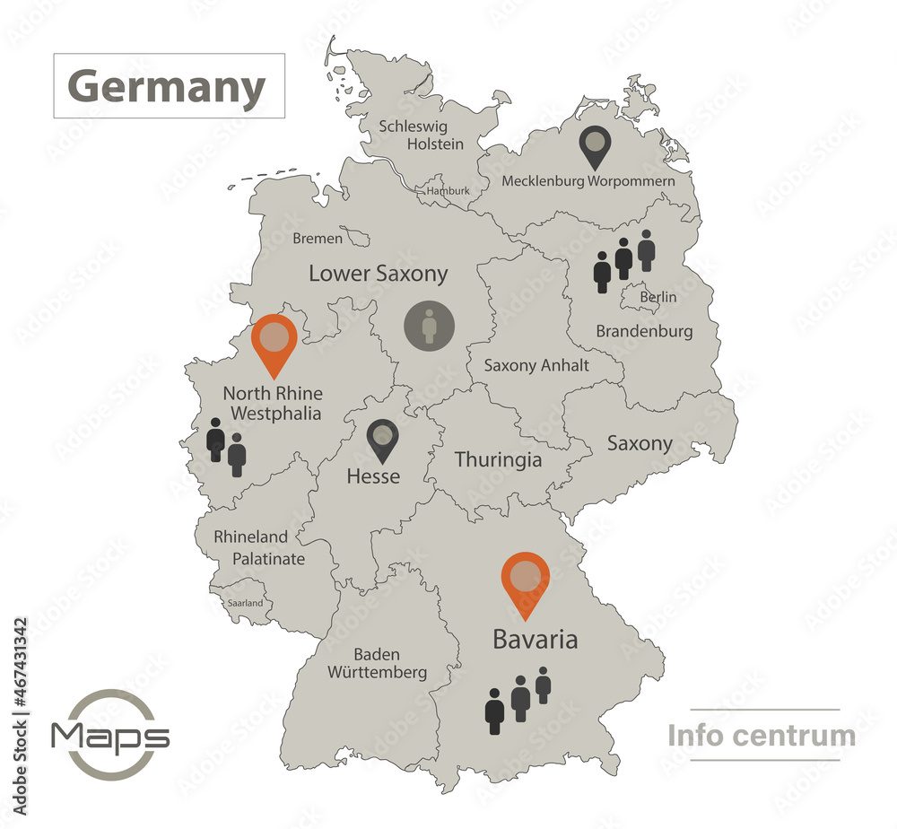Germany map, individual regions with names, Infographics and icons ...