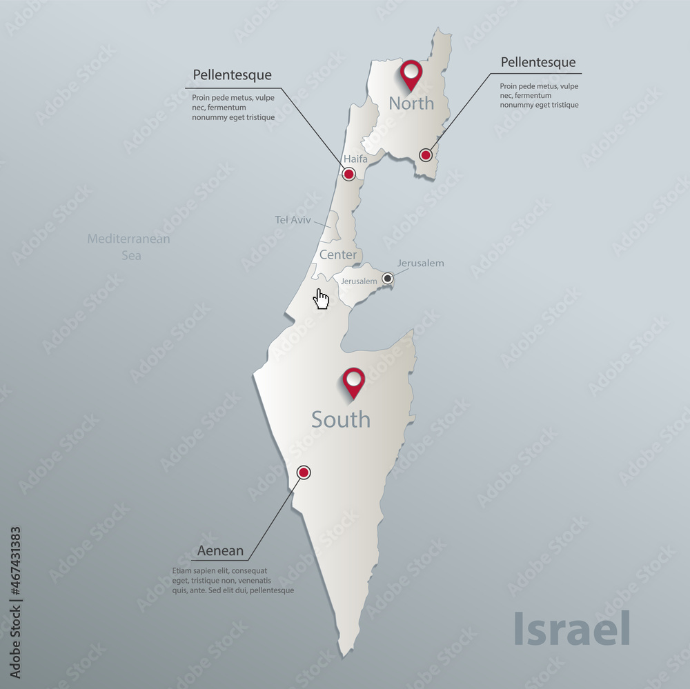 Israel map, administrative division with names, blue white card paper ...