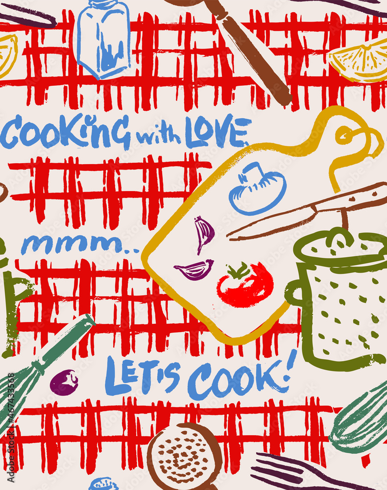 Vintage Cooking Vector Seamless Pattern with Cooking Quotes. Hand Drawn ...