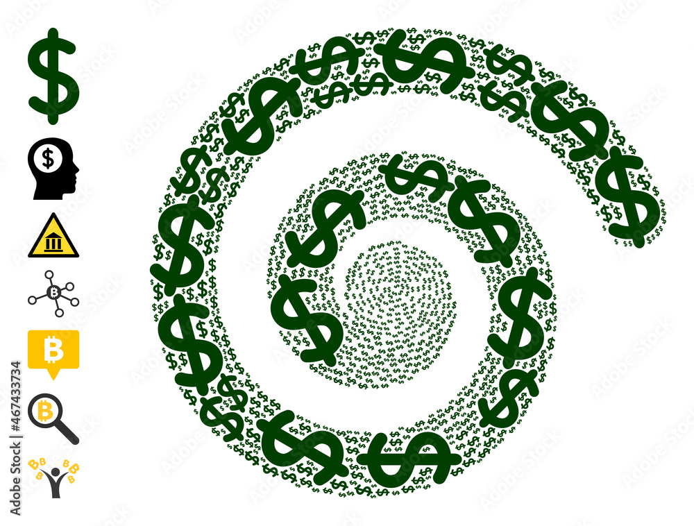 Dollar sign icon spiral curl mosaic. Dollar sign elements are shaped ...