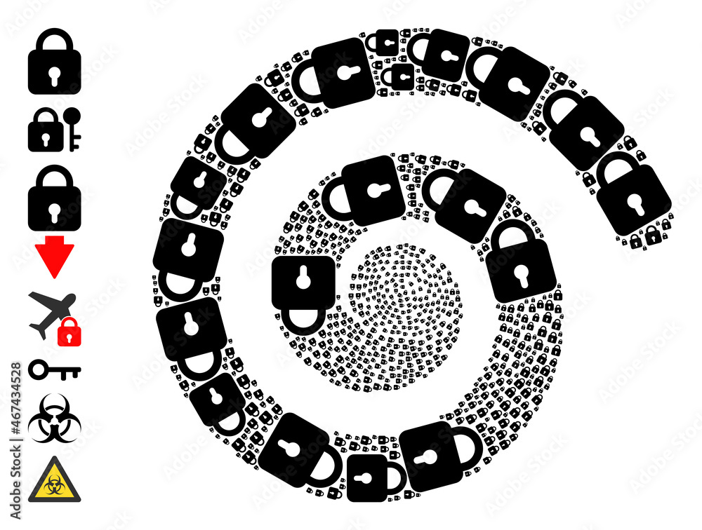Lock icon spiral collage. Lock icons are formed into twist mosaic ...