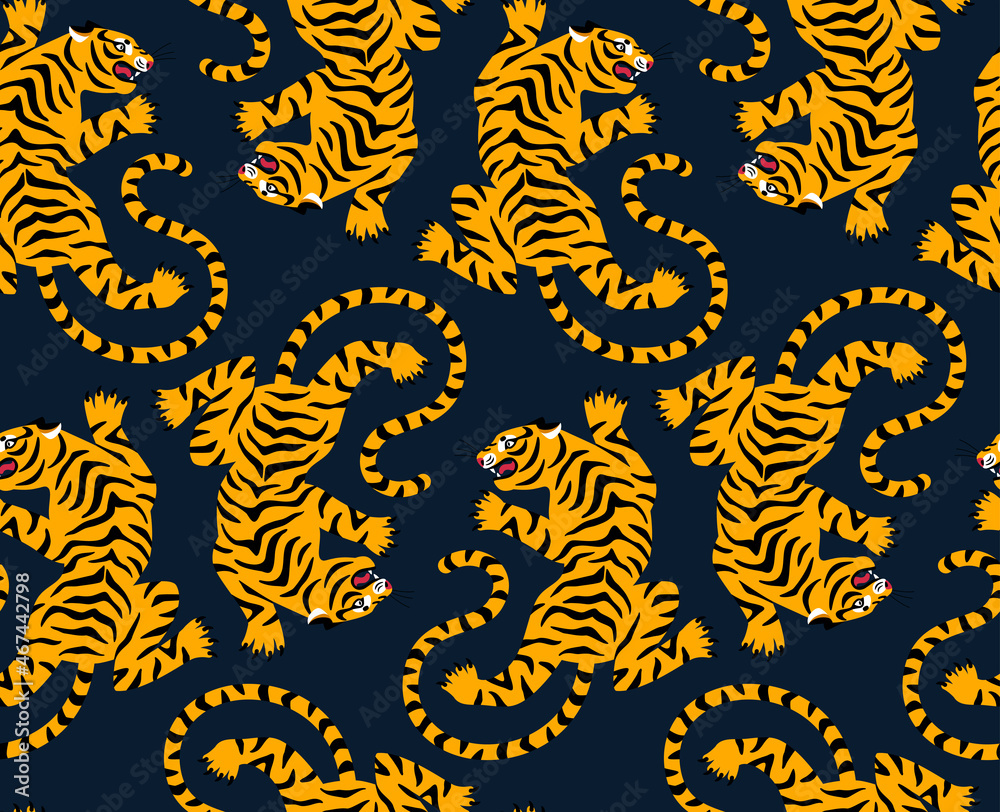Seamless exotic pattern with cartoon roar tiger silhouette on black ...