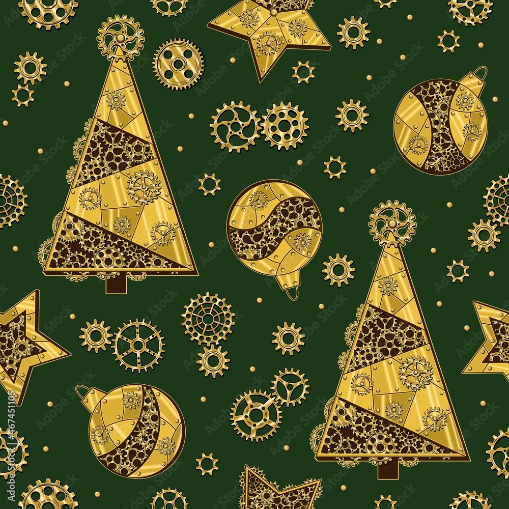 Pattern with gears and christmas tree, christmas balls made of shiny ...